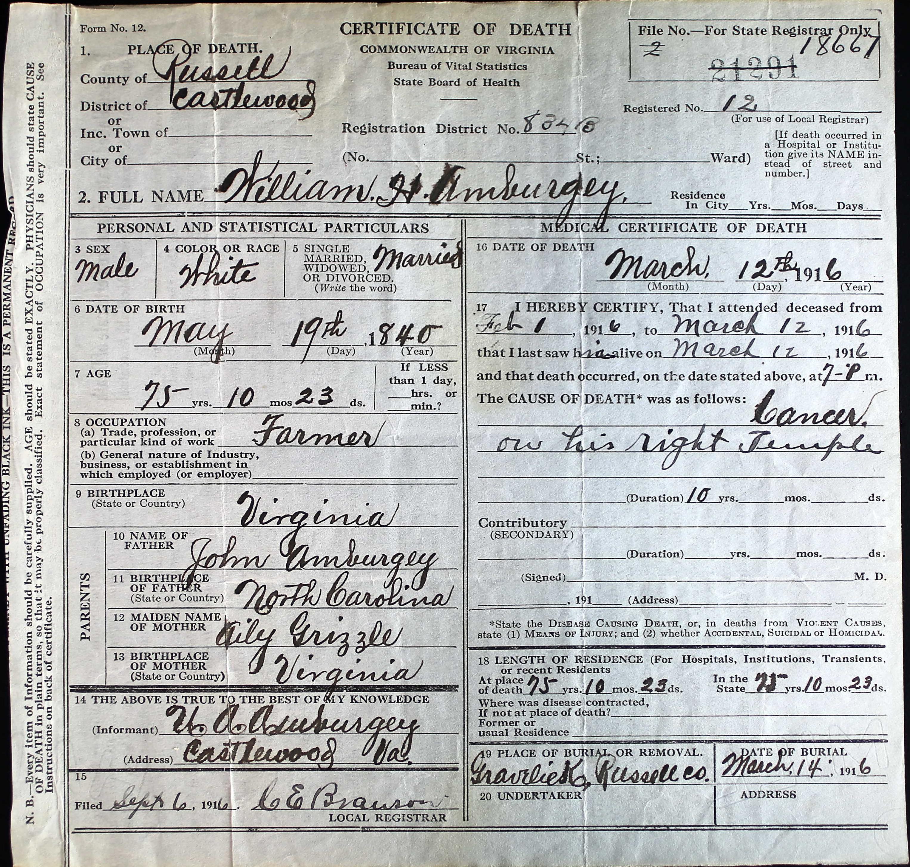 William Hamon Amburgey - Russell County, Virginia in the Civil War